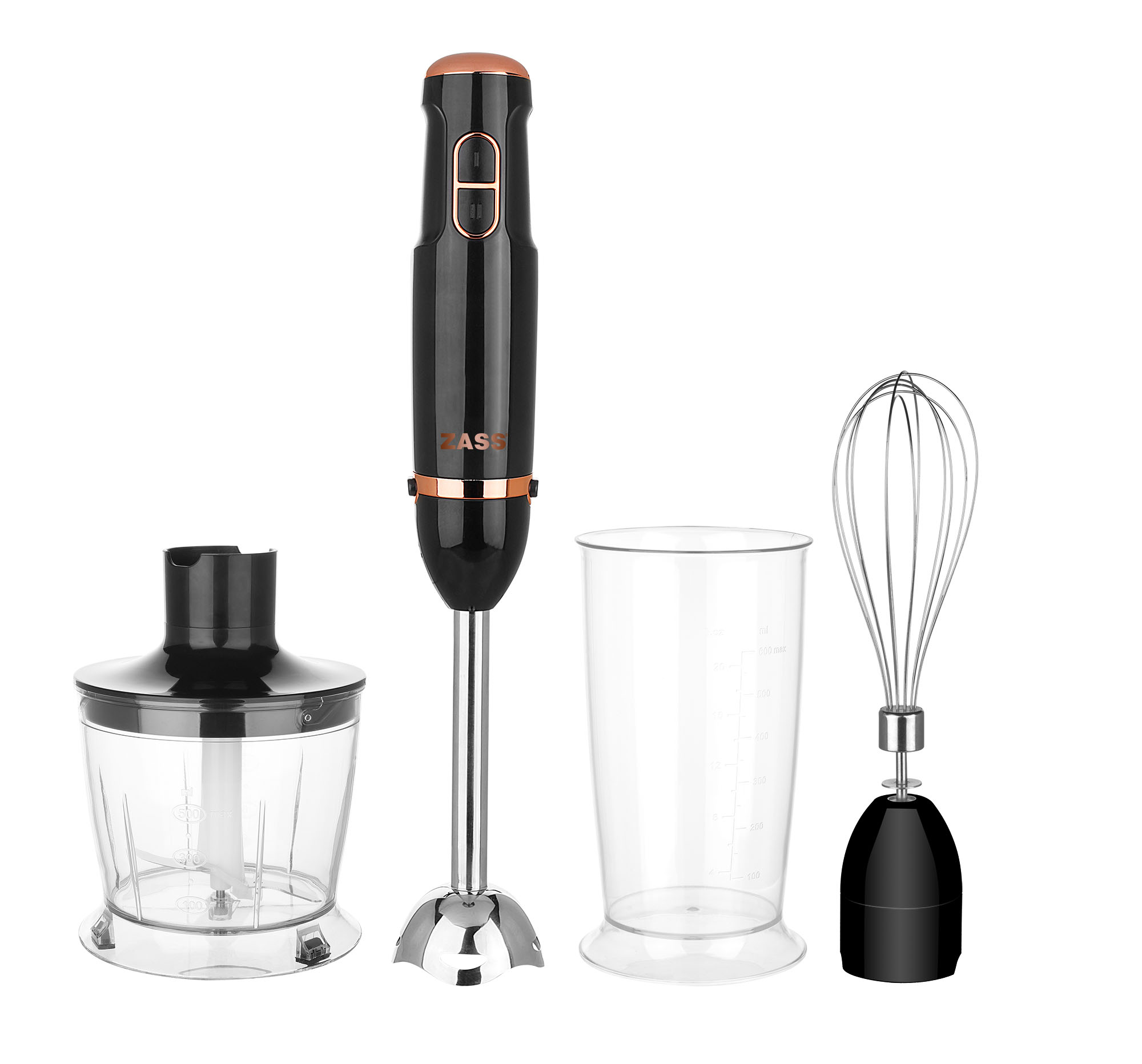 Blender de mana cu 4 accesorii Zass ZHB 21 Rose Gold, 400 W, 2 Trepte ...